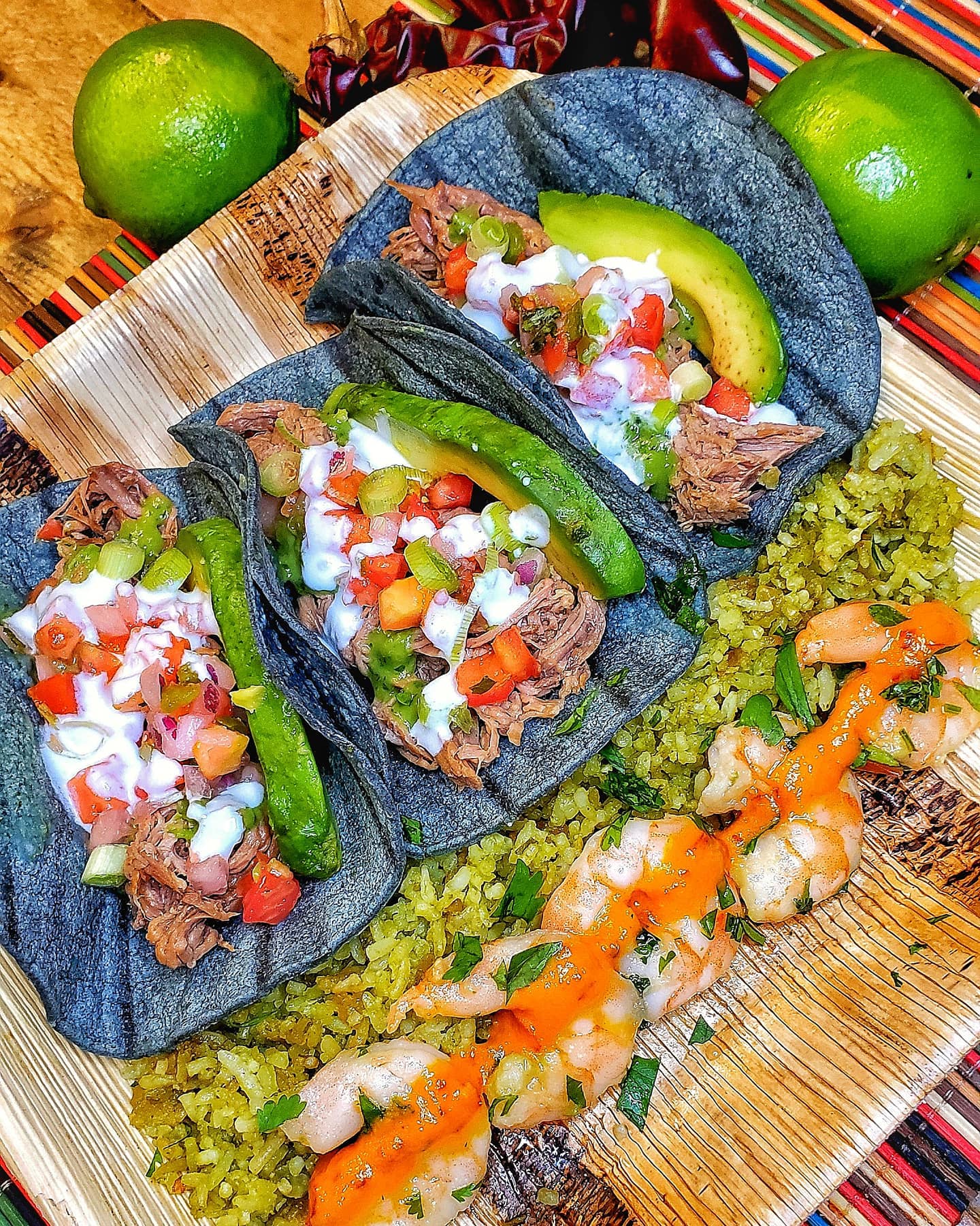 Beef Cheek Barbacoa with Spicy Shrimp Surf & Turf Taco Plate - Montana ...