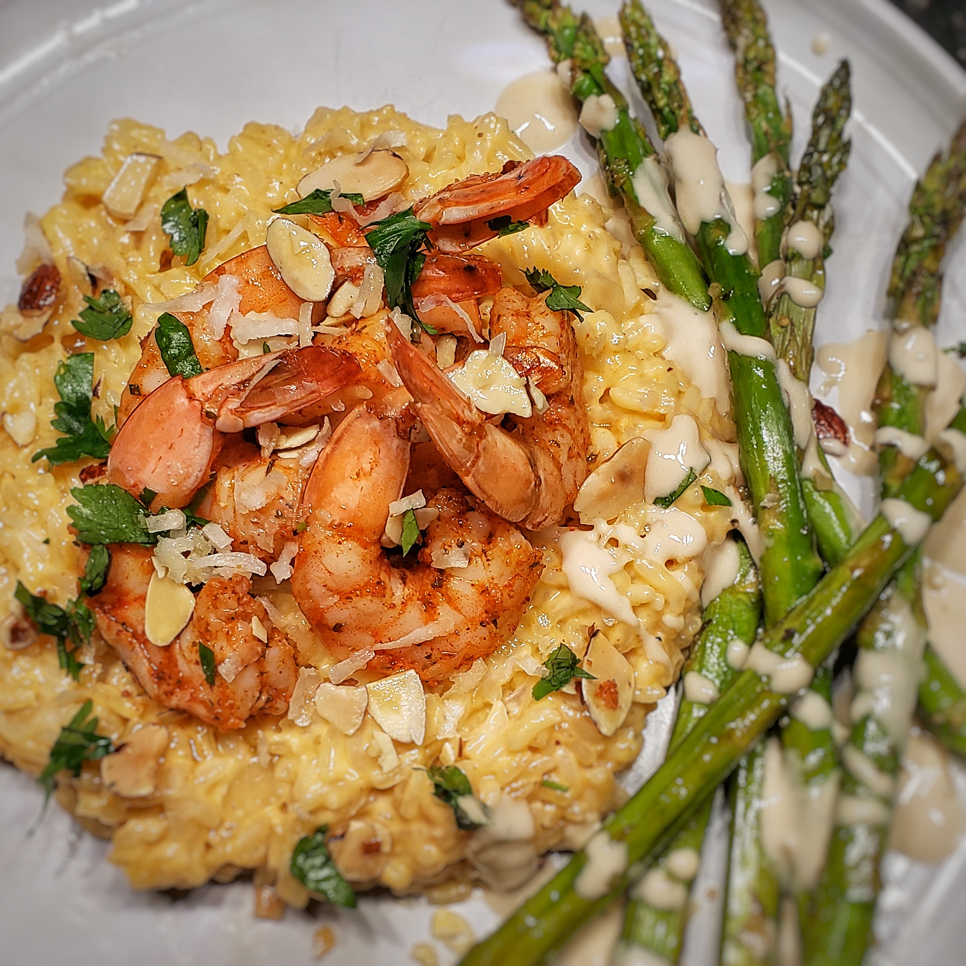Red Curry Shrimp Risotto with Lemon Tahini Asparagus